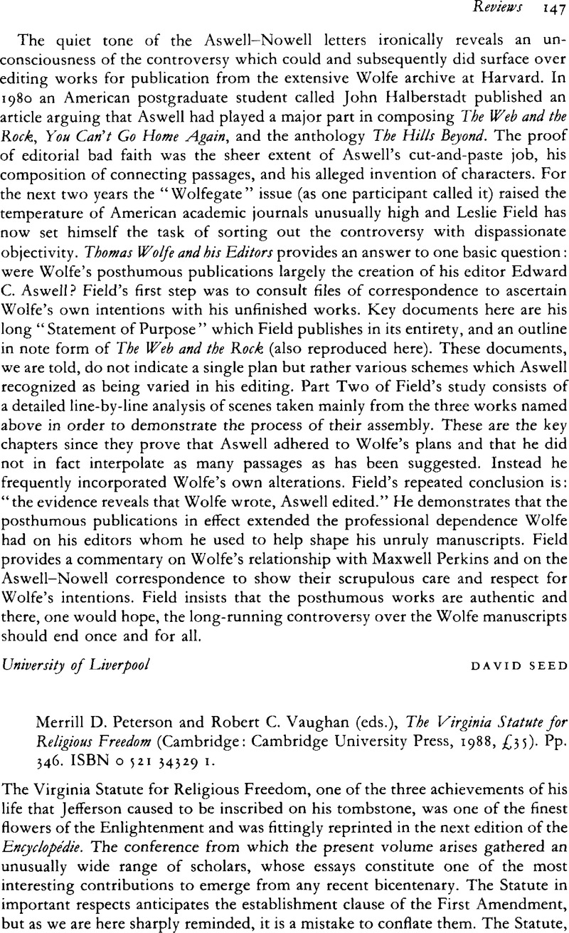 Merrill D. Peterson and Robert C. Vaughan (eds.), The Virginia Statute ...