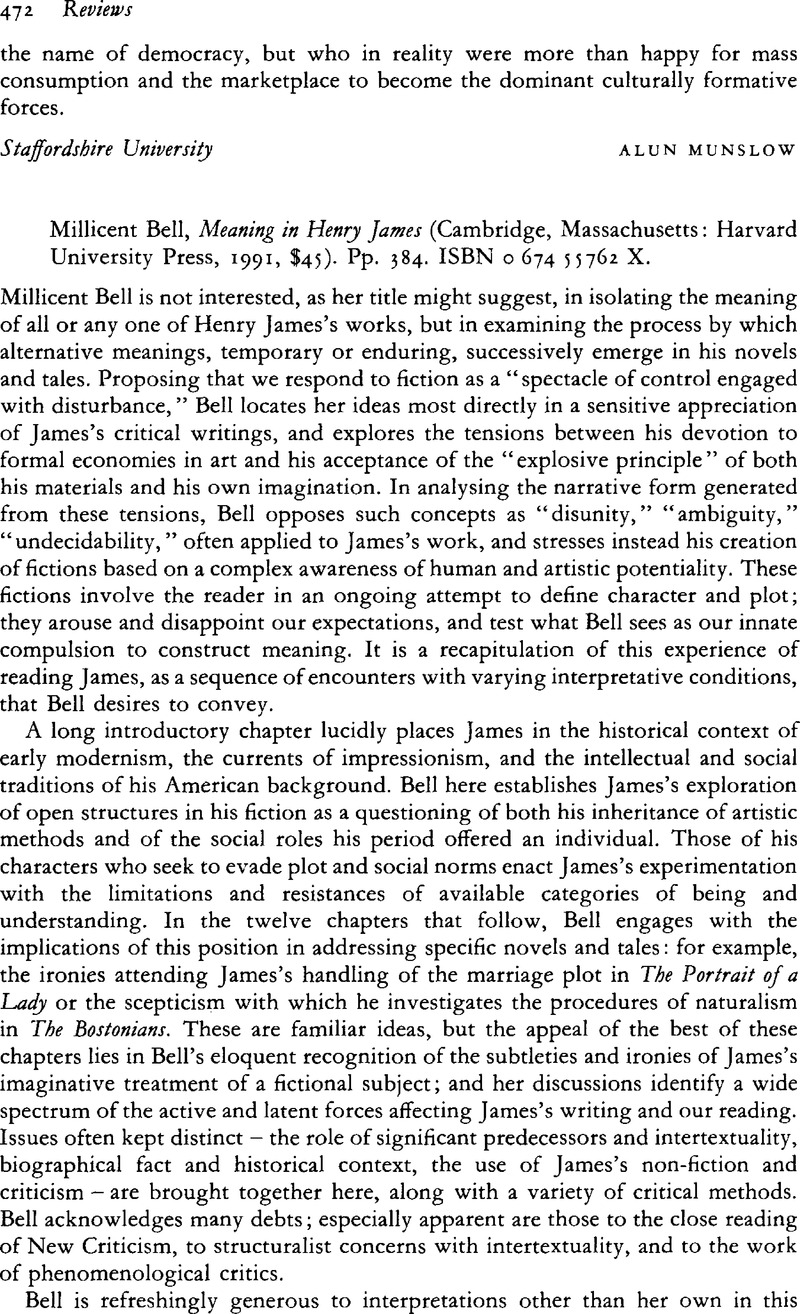 Millicent Bell, Meaning in Henry James (Cambridge, Massachusetts ...