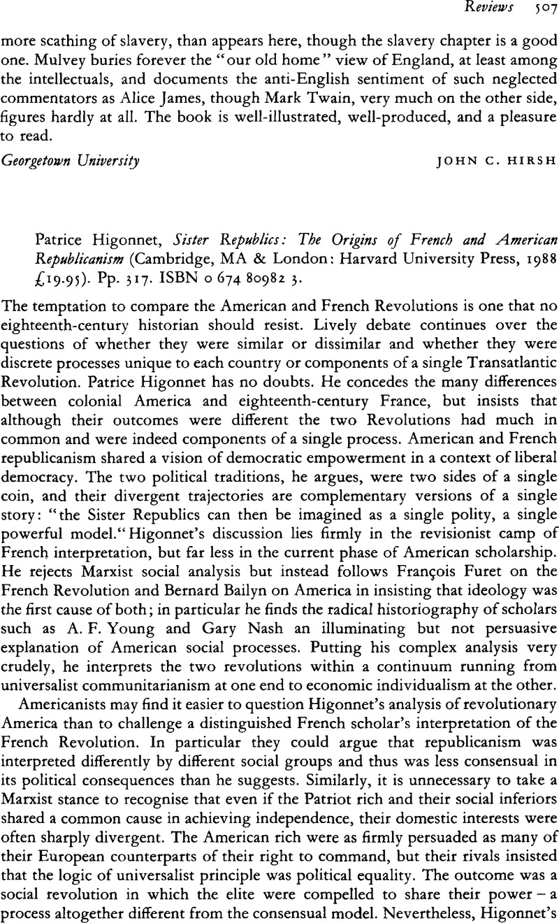 Patrice Higonnet, Sister Republics: The Origins of French and American ...