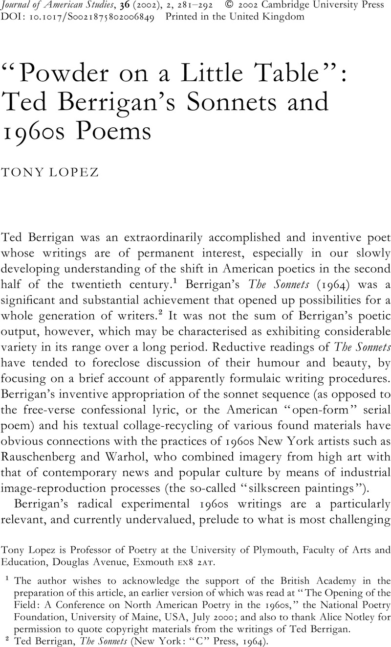 “Powder on a Little Table”: Ted Berrigan's Sonnets and 1960s Poems ...
