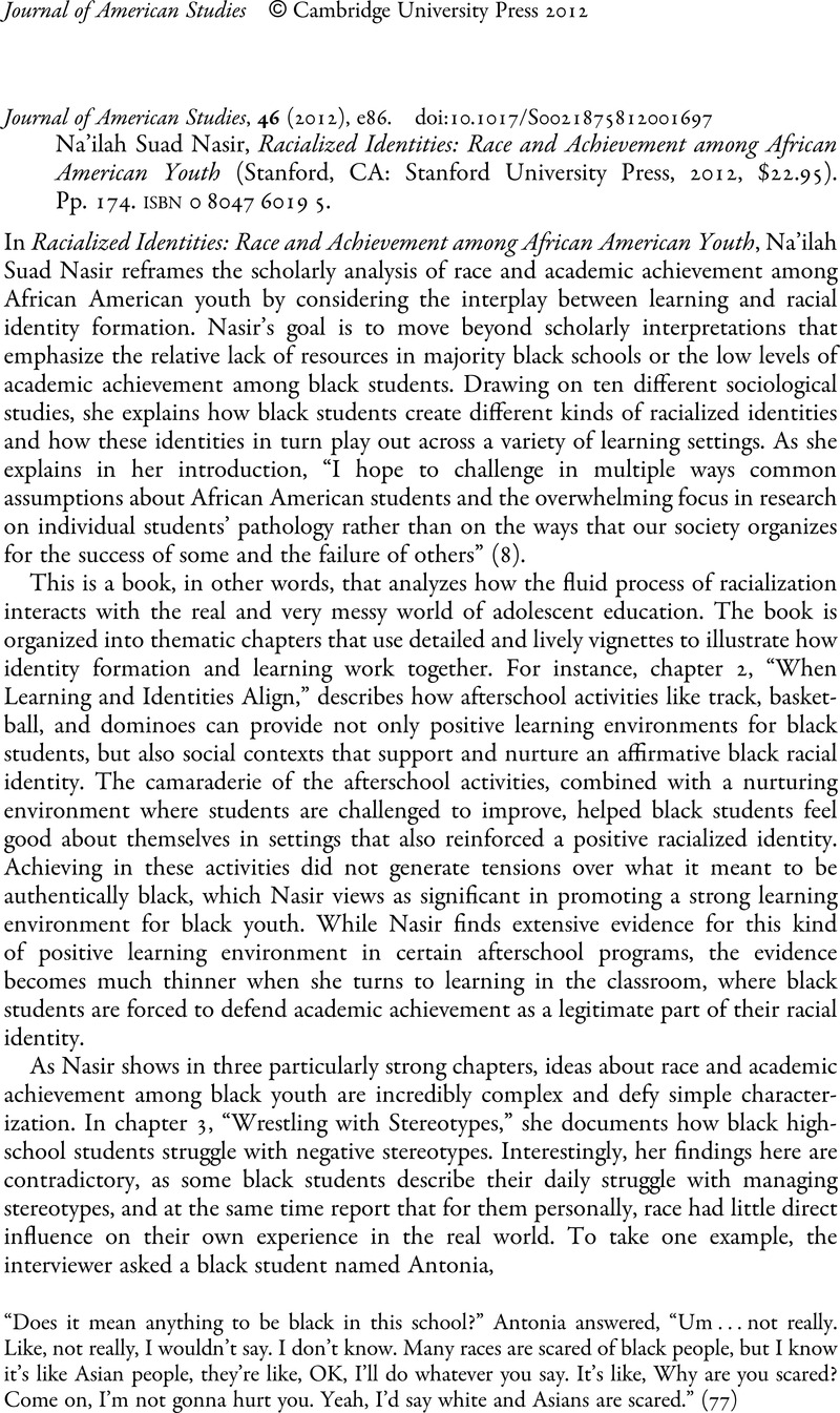 Na'ilah Suad Nasir, Racialized Identities: Race and Achievement among ...