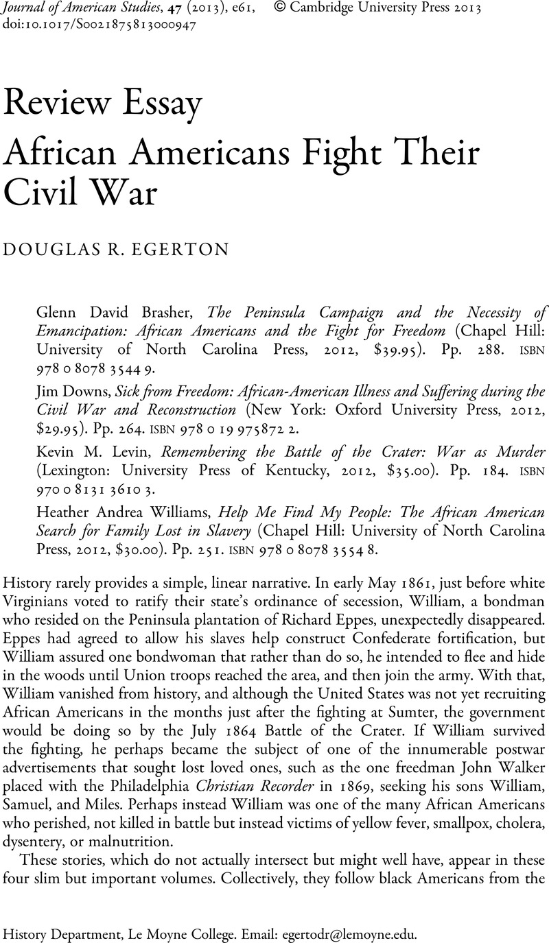 African Americans Fight Their Civil War | Journal of American Studies ...