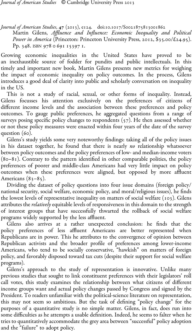 Martin Gilens, Affluence and Influence: Economic Inequality and ...