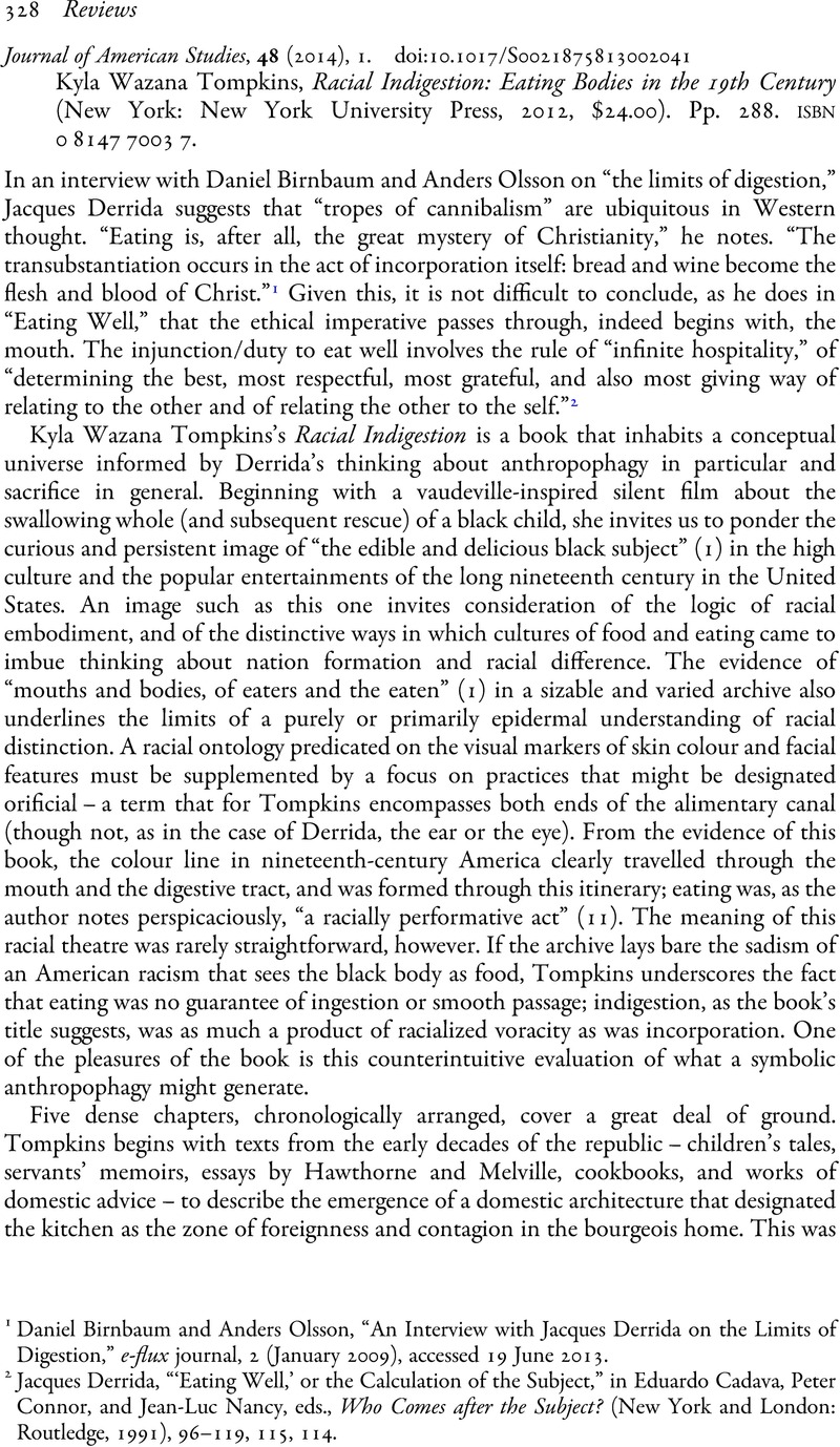 Kyla Wazana Tompkins, Racial Indigestion: Eating Bodies in the 19th ...