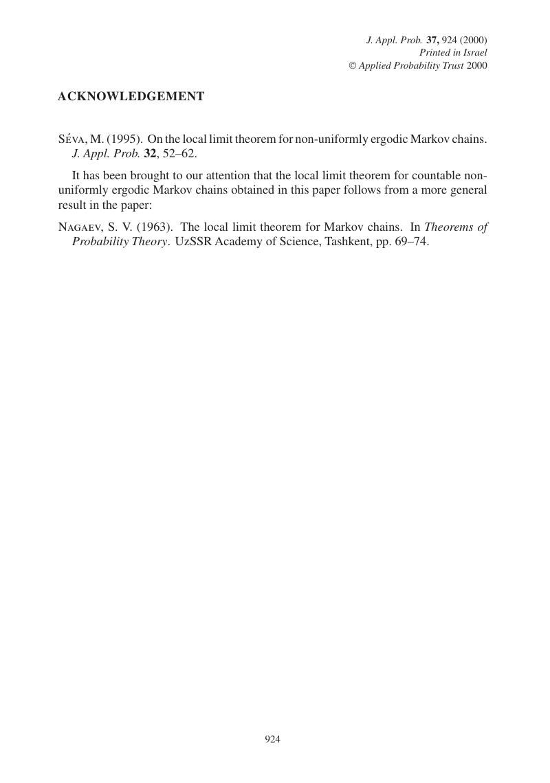 Acknowledgement | Journal of Applied Probability | Cambridge Core