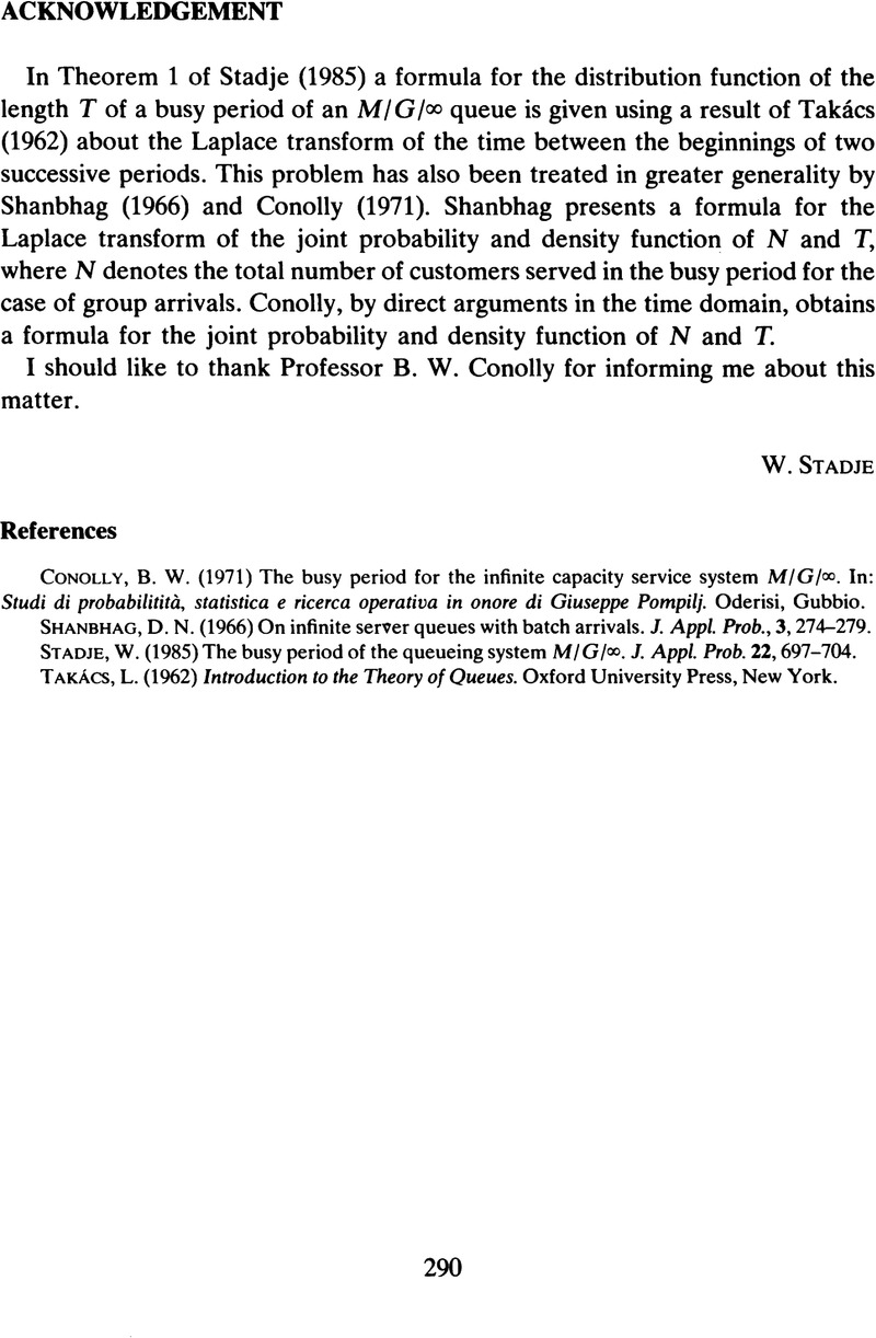 Acknowledgement | Journal of Applied Probability | Cambridge Core