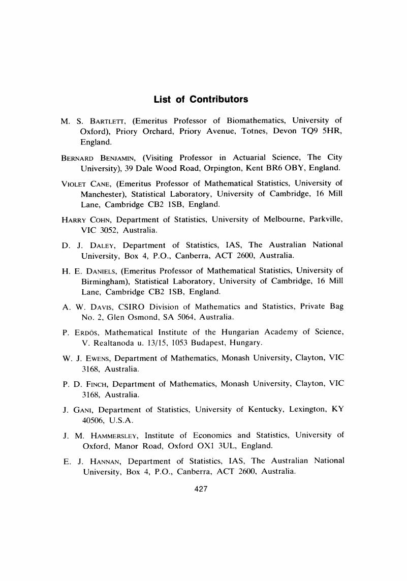 List of Contributors | Journal of Applied Probability | Cambridge Core