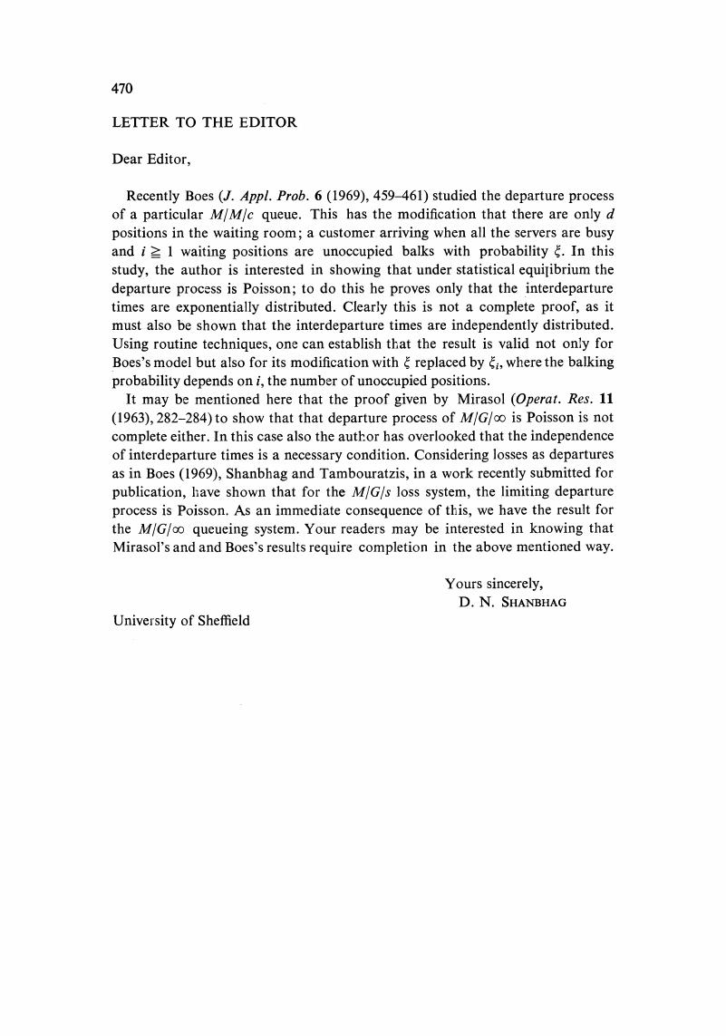 Letter to the editor | Journal of Applied Probability | Cambridge Core