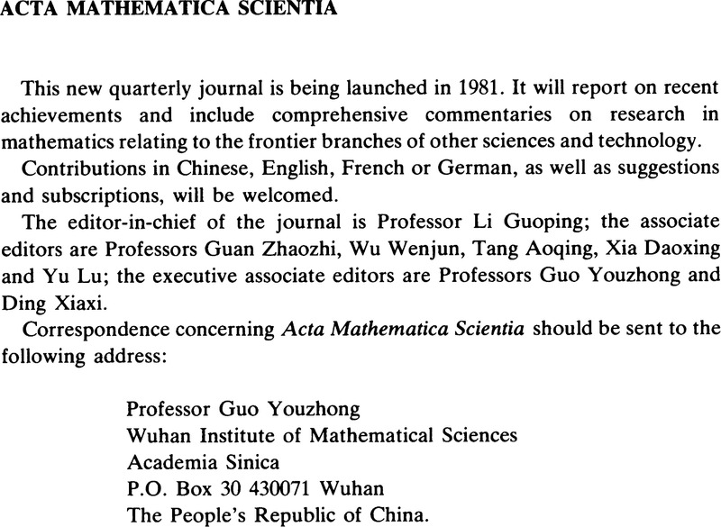 Acta Mathematica Scientia | Journal of Applied Probability | Cambridge Core