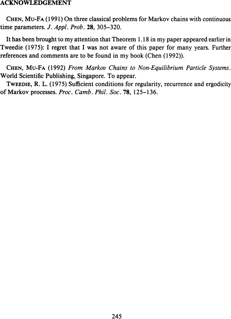 Acknowledgement | Journal of Applied Probability | Cambridge Core