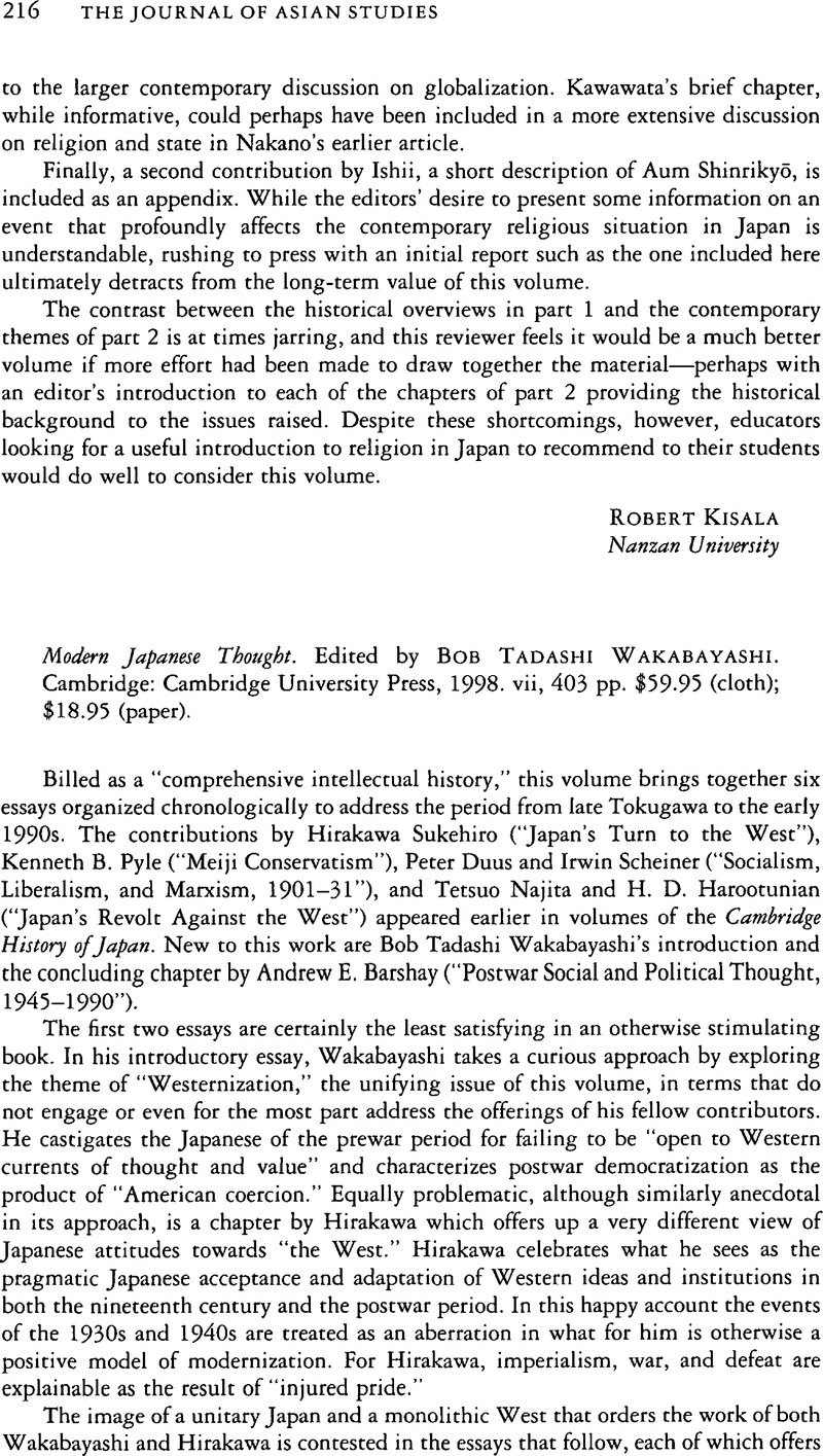 Modern Japanese Thought. Edited by Bob Tadashi Wakabayashi. Cambridge ...