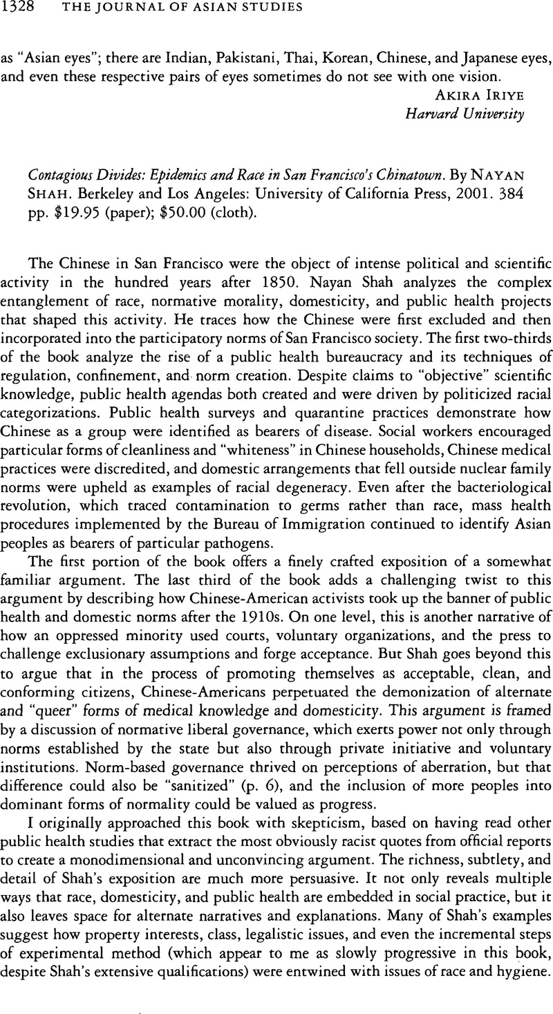 Contagious Divides: Epidemics and Race in San Francisco's Chinatown. By ...