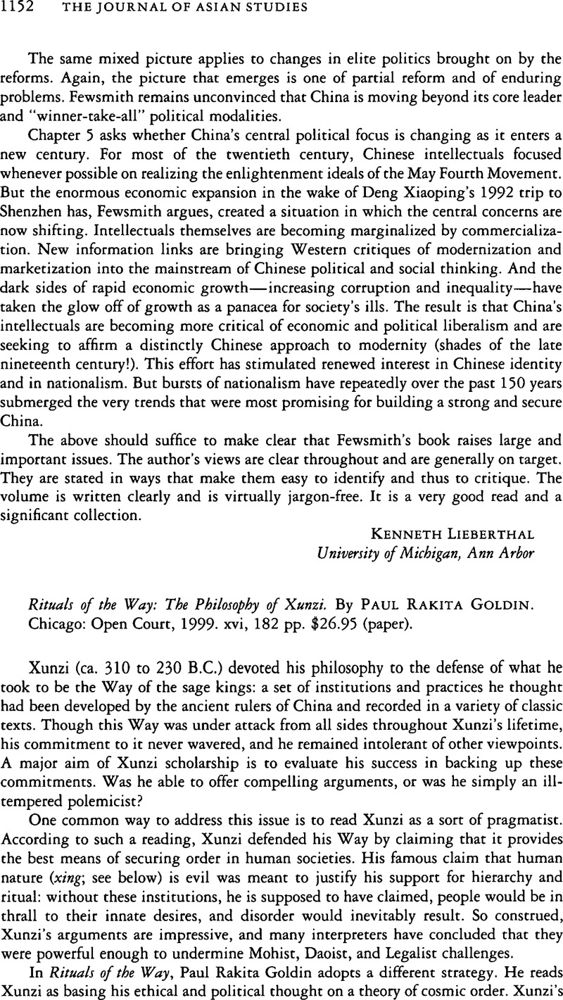 Rituals of the Way: The Philosophy of Xunzi. By Paul Rakita Goldin ...