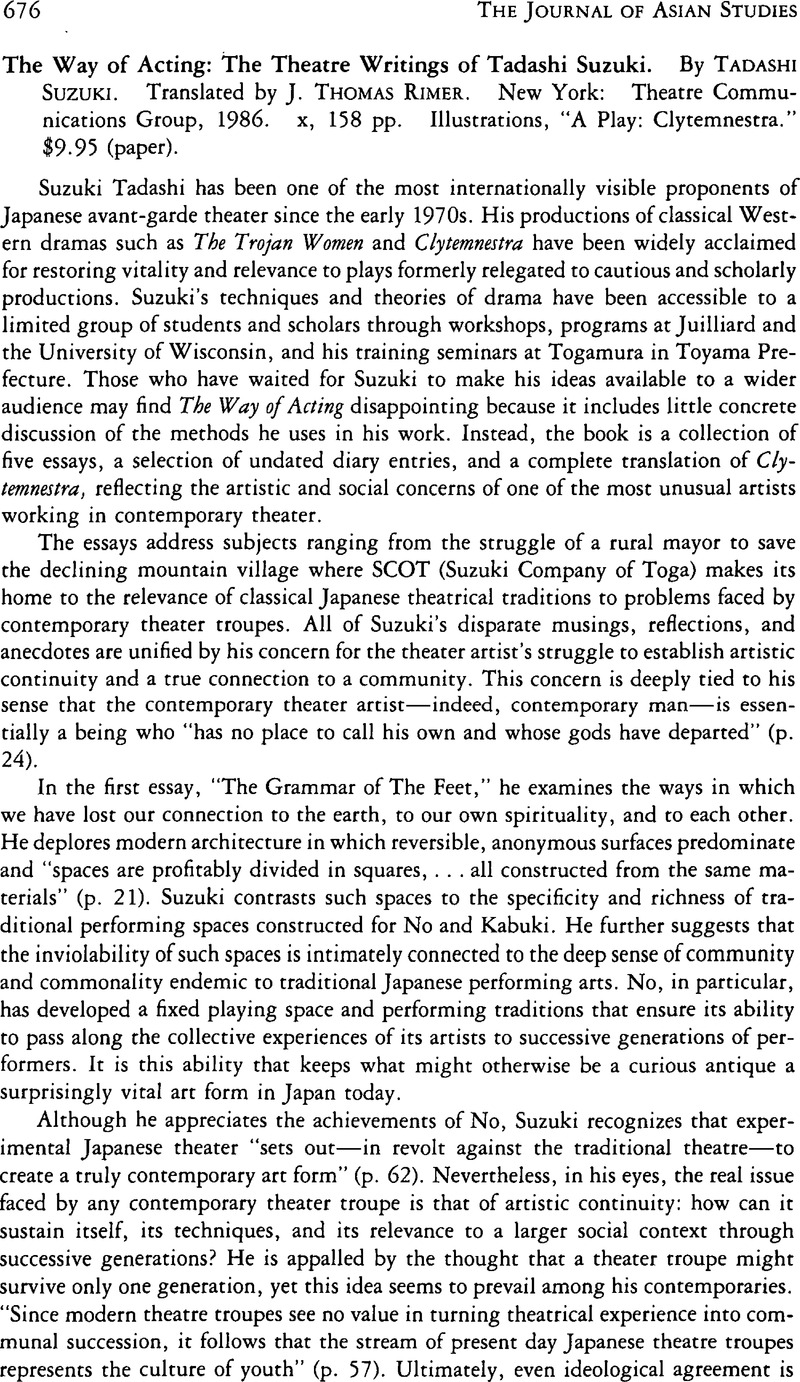The Way of Acting: The Theatre Writings of Tadashi Suzuki. By Tadashi ...