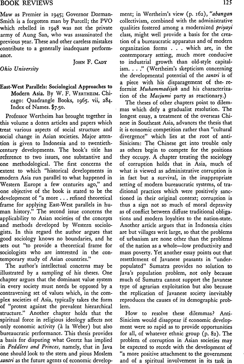 East-West Parallels: Sociological Approaches to Modern Asia. By W. F ...