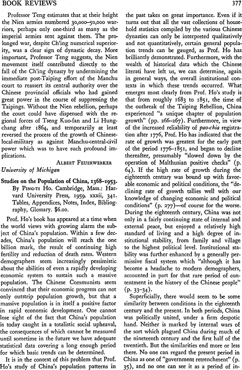 Studies on the Population of China, 1368–1953. By Ping-ti Ho. Cambridge ...