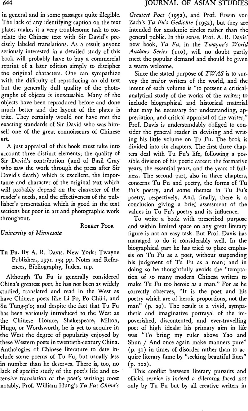 Tu Fu. By A. R. Davis. New York: Twayne Publishers, 1971. 154 pp. Notes ...