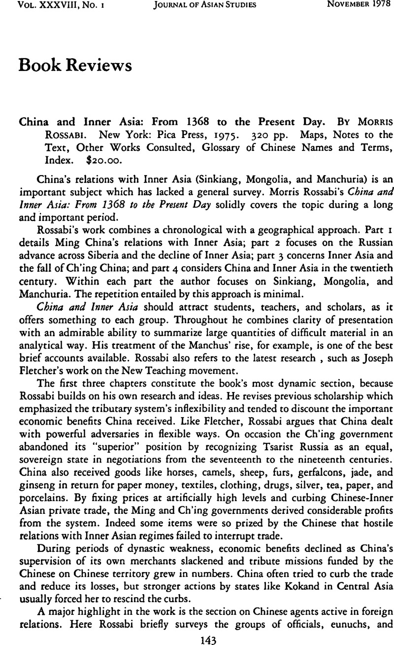 China and Inner Asia: From 1368 to the Present Day. By Morris Rossabi ...