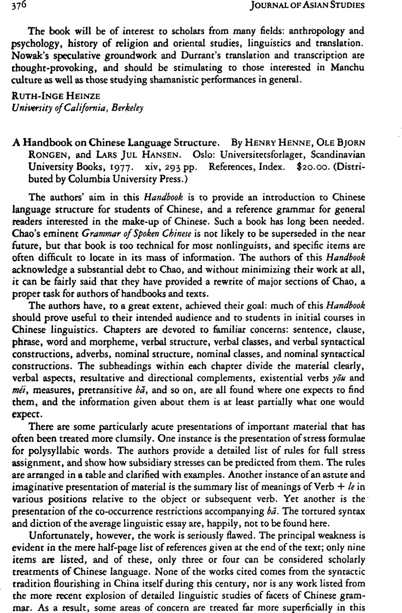 A Handbook on Chinese Language Structure. By Henry Henne, Ole Bjorn ...