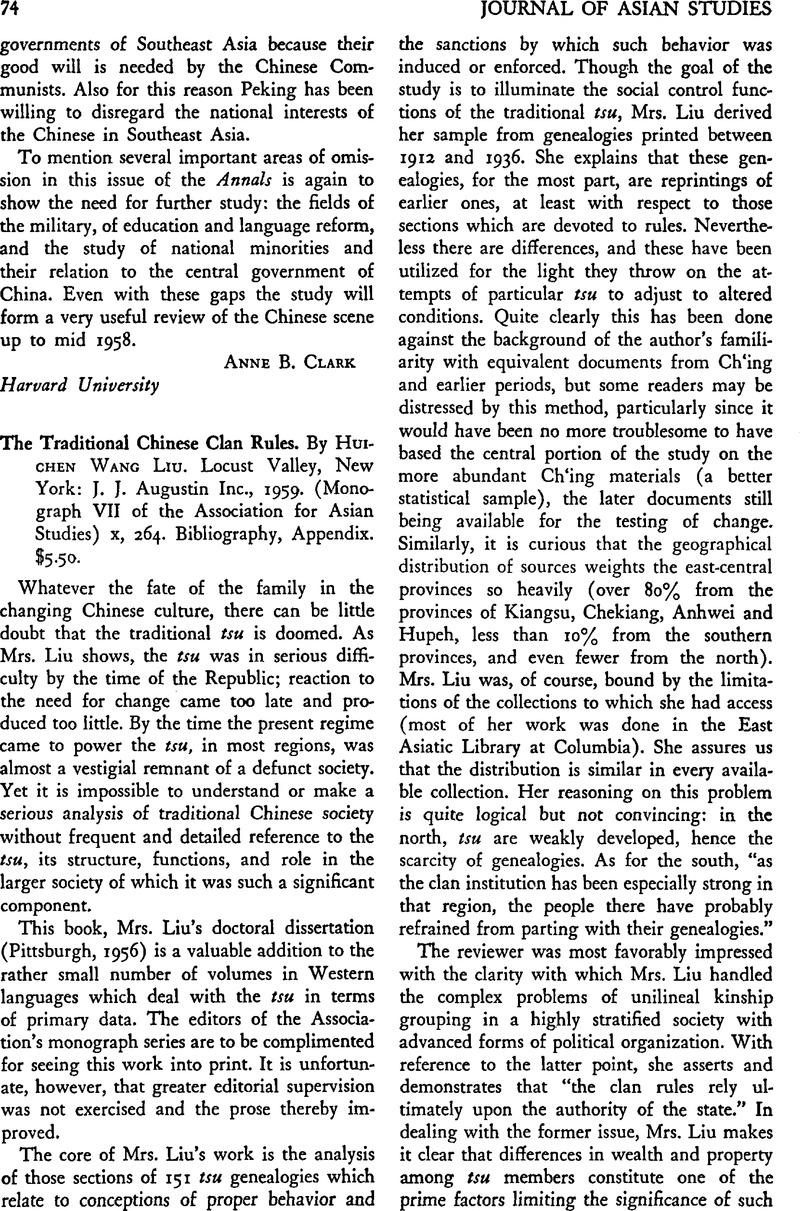 The Traditional Chinese Clan Rules. By Huichen Wang Liu. Locust Valley, New York: J. J. Augustin ...