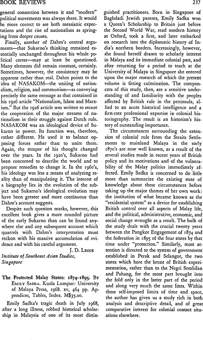 The Protected Malay States: 1874–1895. By Emily Sadka. Kuala Lumpur ...