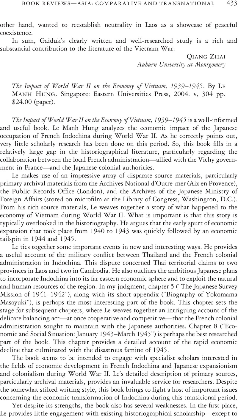 The Impact of World War II on the Economy of Vietnam, 1939–1945. By Le ...