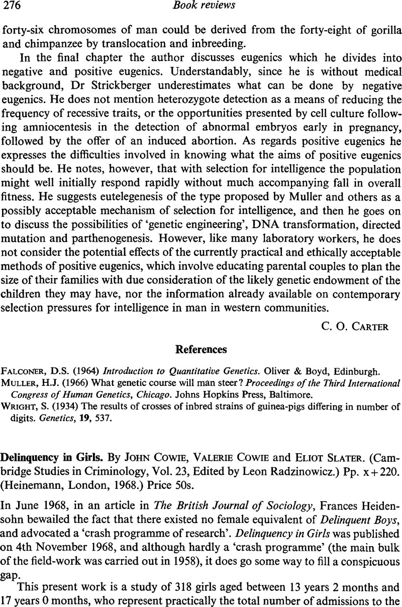 Delinquency in Girls. By Cowie John, Cowie Valerie and Slater. Eliot ...