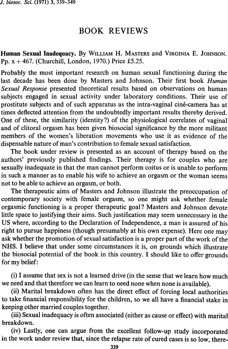 Human Sexual Inadequacy. By William H. Masters and Virginia E. Johnson ...