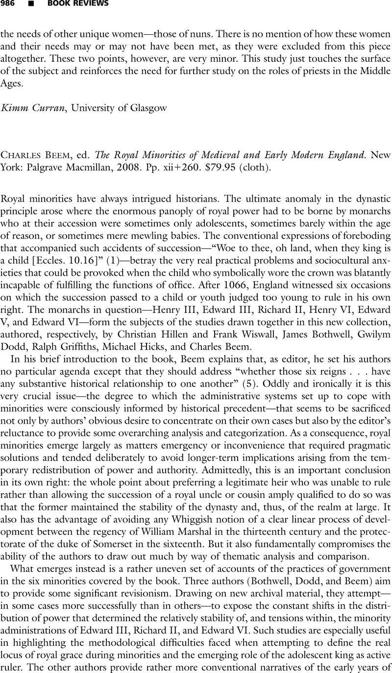 Charles Beem, ed. The Royal Minorities of Medieval and Early Modern ...