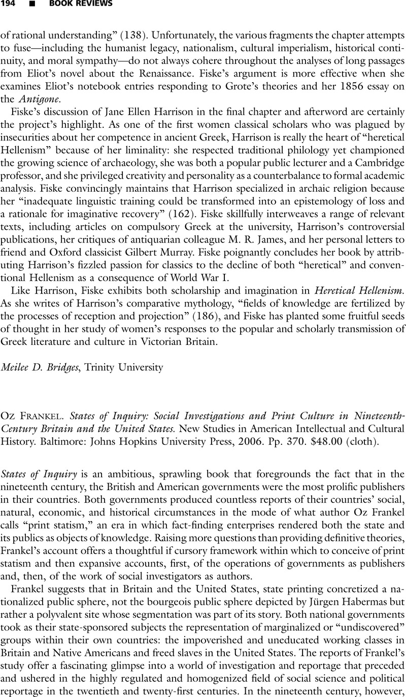Oz Frankel. States of Inquiry: Social Investigations and Print Culture ...