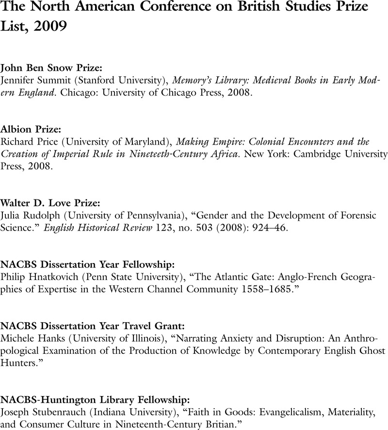 The North American Conference on British Studies Prize List, 2009 ...