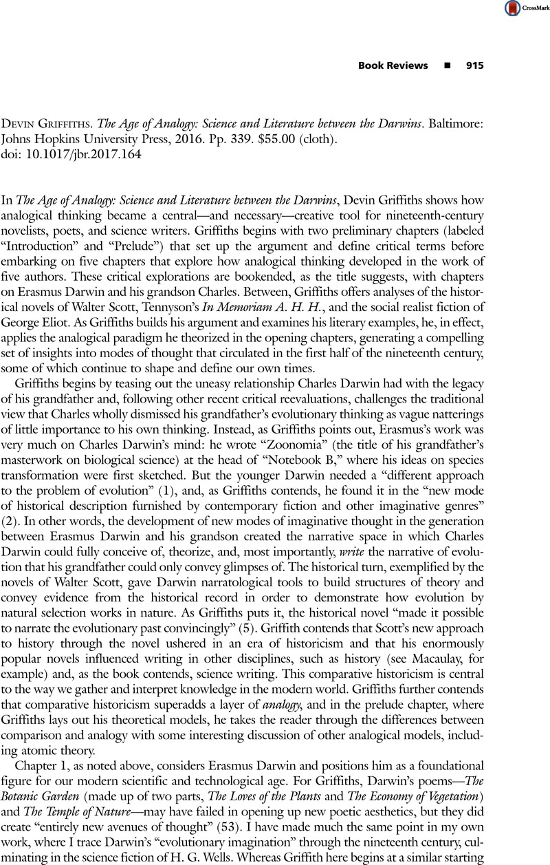 Devin Griffiths . The Age of Analogy: Science and Literature between ...