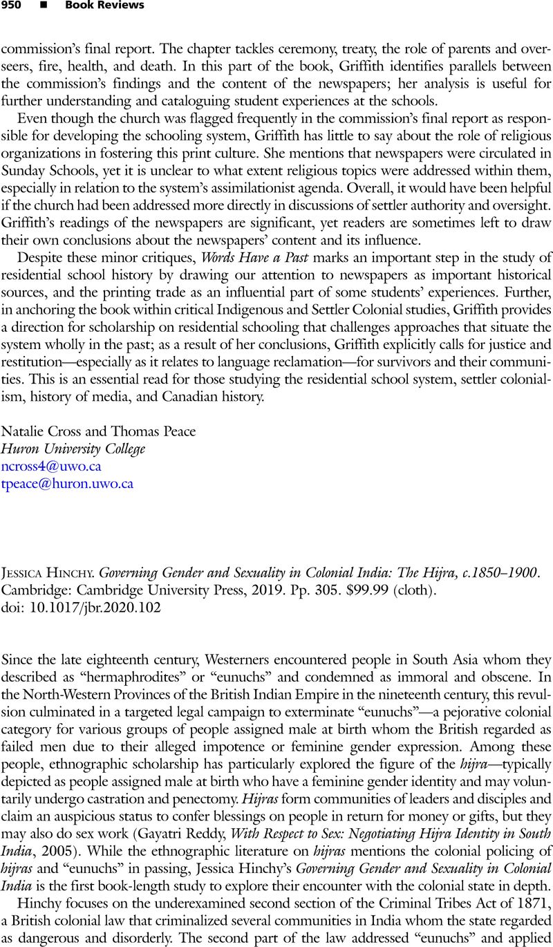 Jessica Hinchy. Governing Gender and Sexuality in Colonial India: The ...
