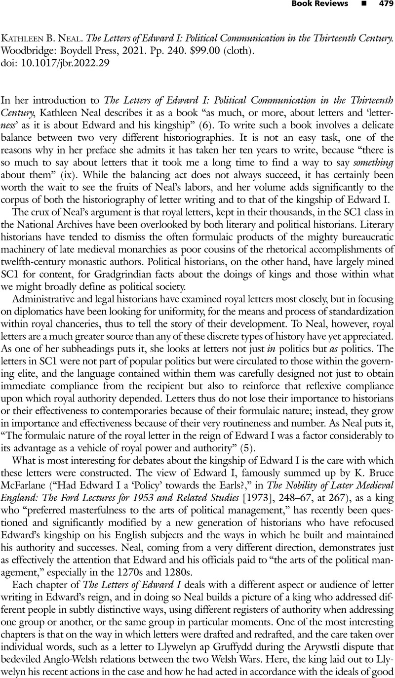 Kathleen B. Neal. The Letters of Edward I: Political Communication in ...
