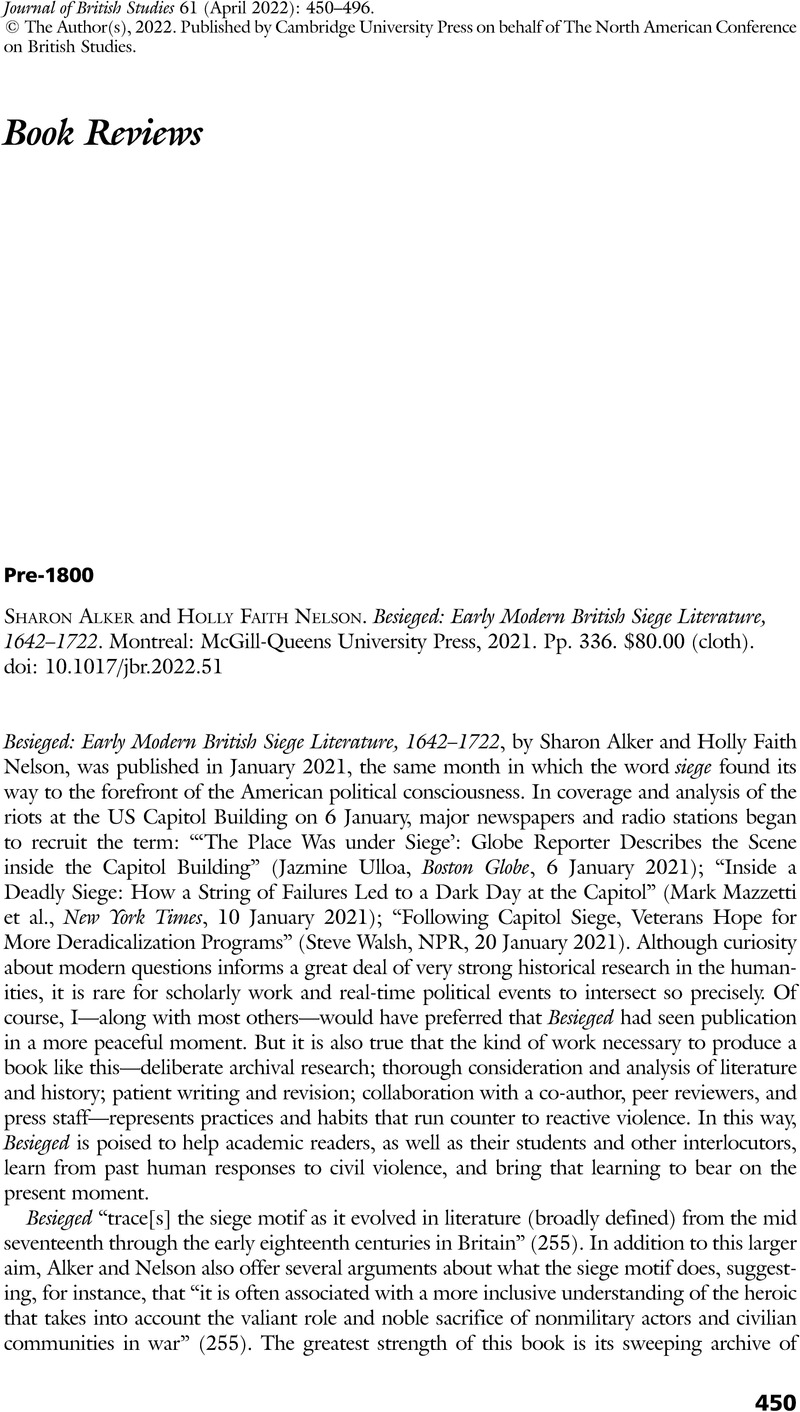 Sharon Alker and Holly Faith Nelson. Besieged: Early Modern British ...