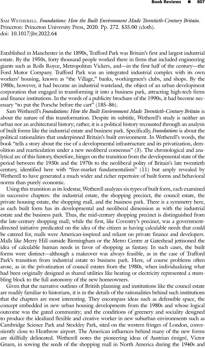 Sam Wetherell. Foundations: How the Built Environment Made Twentieth ...