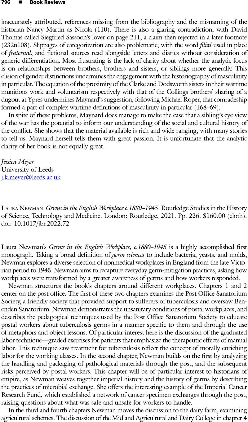 Laura Newman. Germs in the English Workplace c.1880–1945. Routledge ...