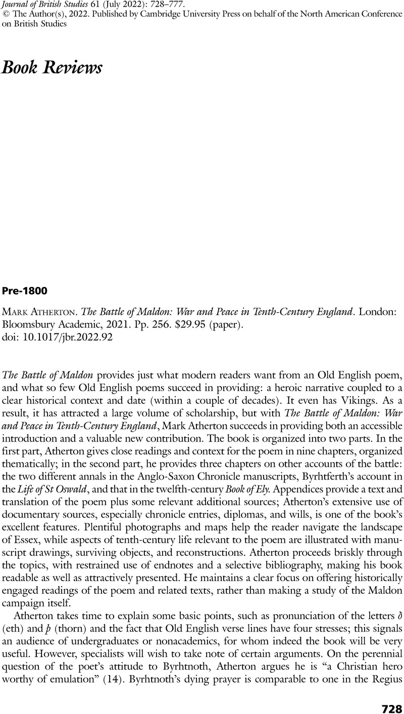 Mark Atherton. The Battle of Maldon: War and Peace in Tenth-Century ...
