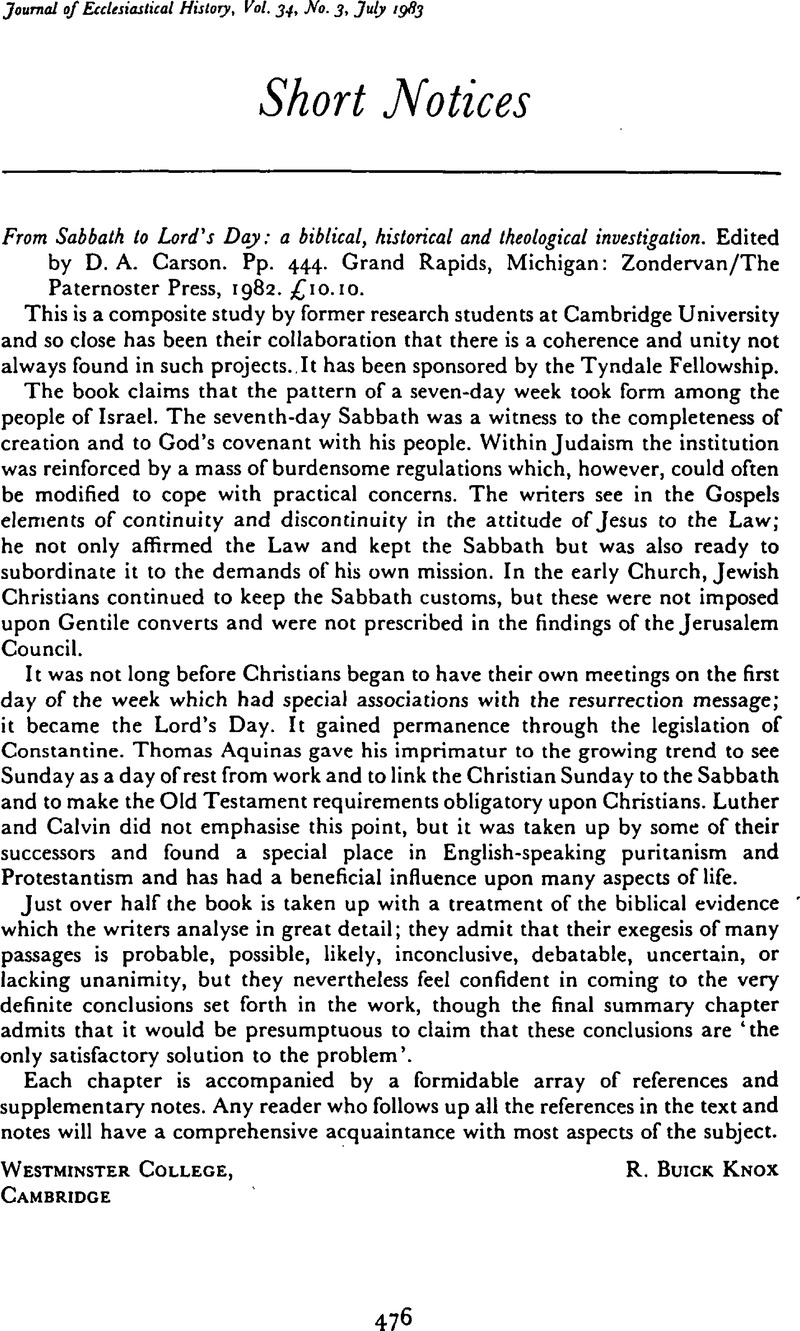 From Sabbath to Lord's Day: a biblical, historical and theological ...