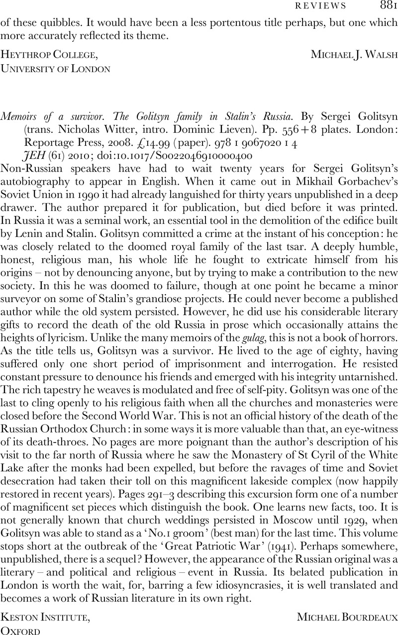 Memoirs of a survivor. The Golitsyn family in Stalin's Russia. By ...