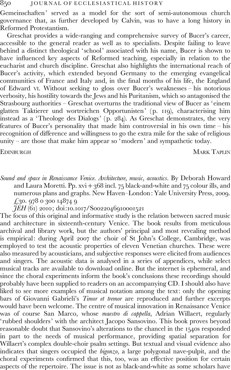 Sound and space in Renaissance Venice. Architecture, music, acoustics ...