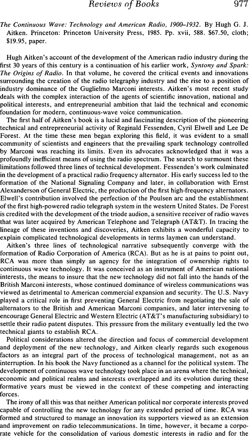 The Continuous Wave: Technology and American Radio, 1900–1932. By Hugh ...