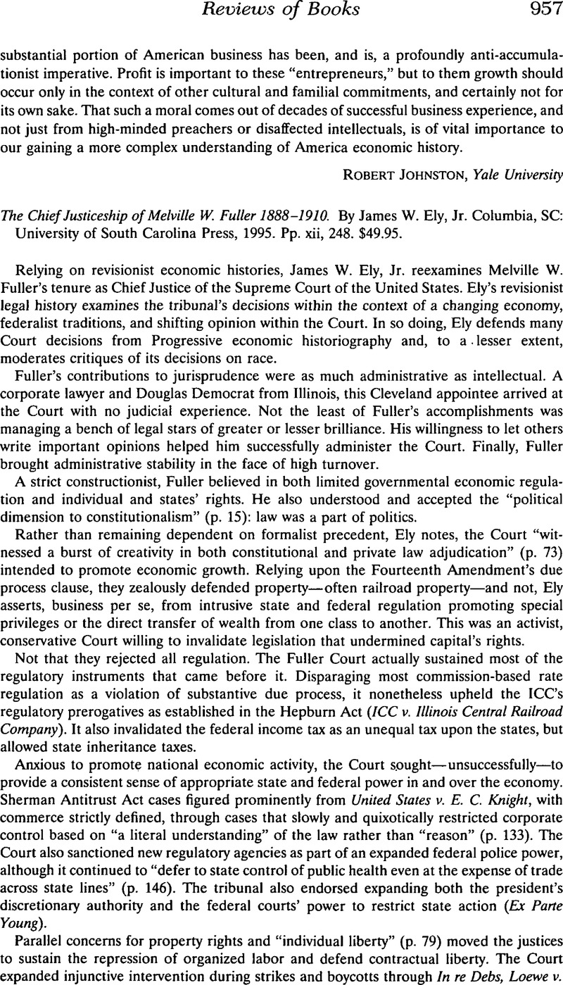 The Chief Justiceship of Melville W. Fuller 1888–1910. By James W ...