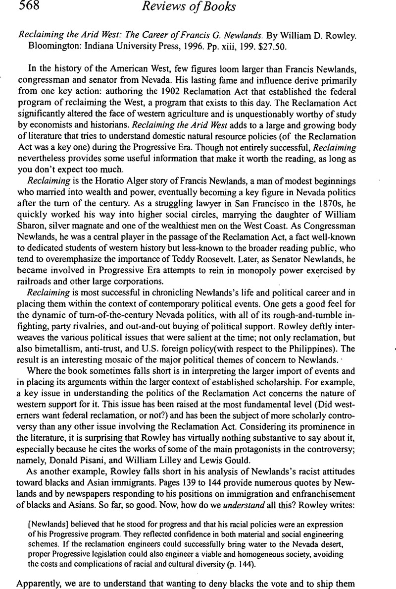 Reclaiming the Arid West: The Career of Francis G. Newlands. By William ...