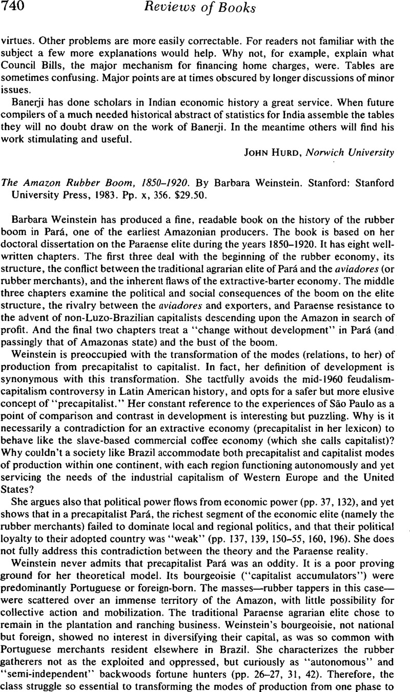 The Amazon Rubber Boom, 1850–1920. By Barbara Weinstein. Stanford ...