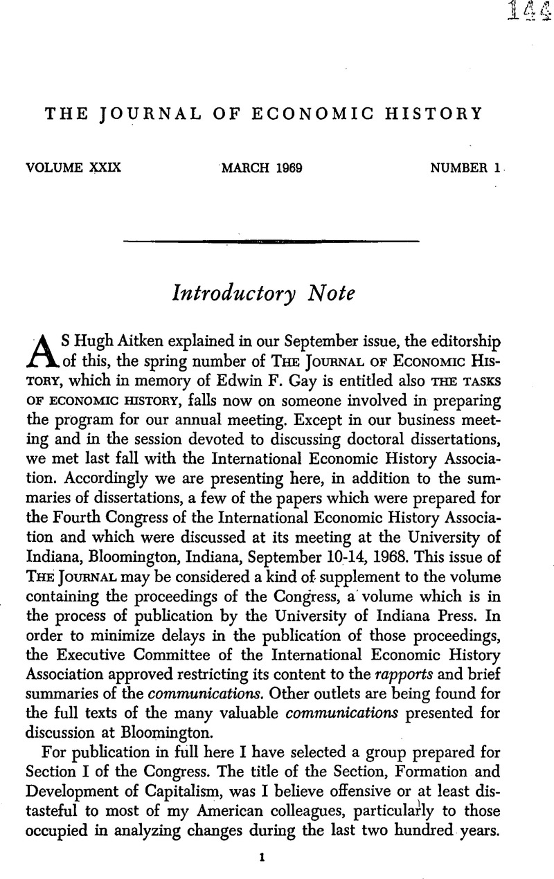 Introductory Note | The Journal of Economic History | Cambridge Core
