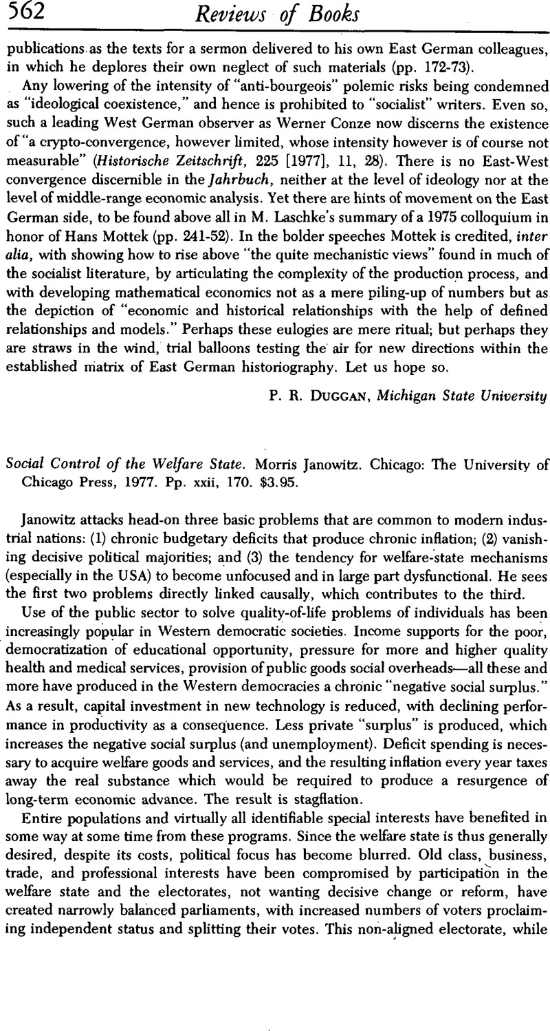 Social Control of the Welfare State. Morris Janowitz. Chicago: The ...