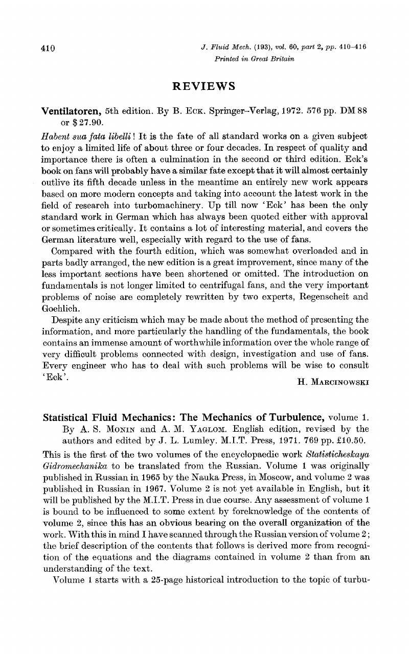 Statistical Fluid Mechanics: The Mechanics of Turbulence, volume 1. By A. S. MONIN and A. M ...