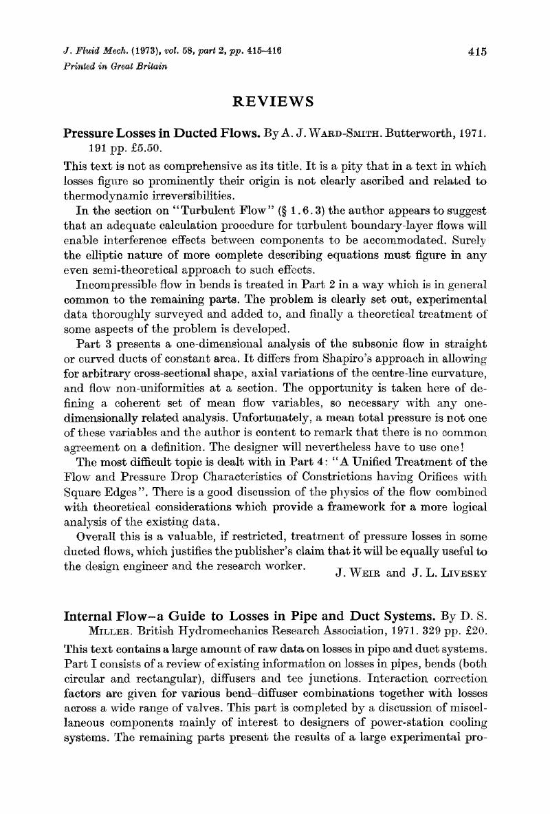 Internal Flow-a Guide to Losses in Pipe and Duct Systems. By D. S ...