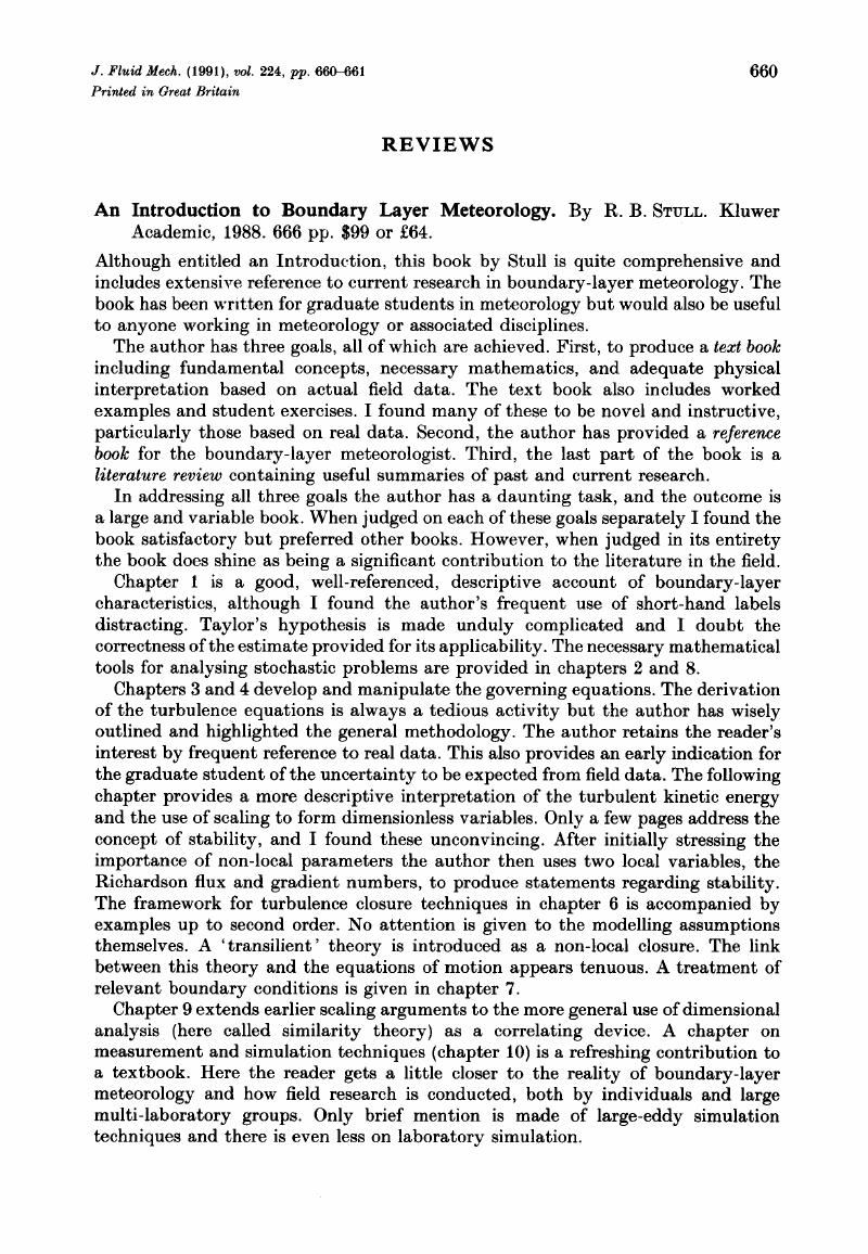 An Introduction to Boundary Layer Meteorology. By R. B. STULL. Kluwer ...